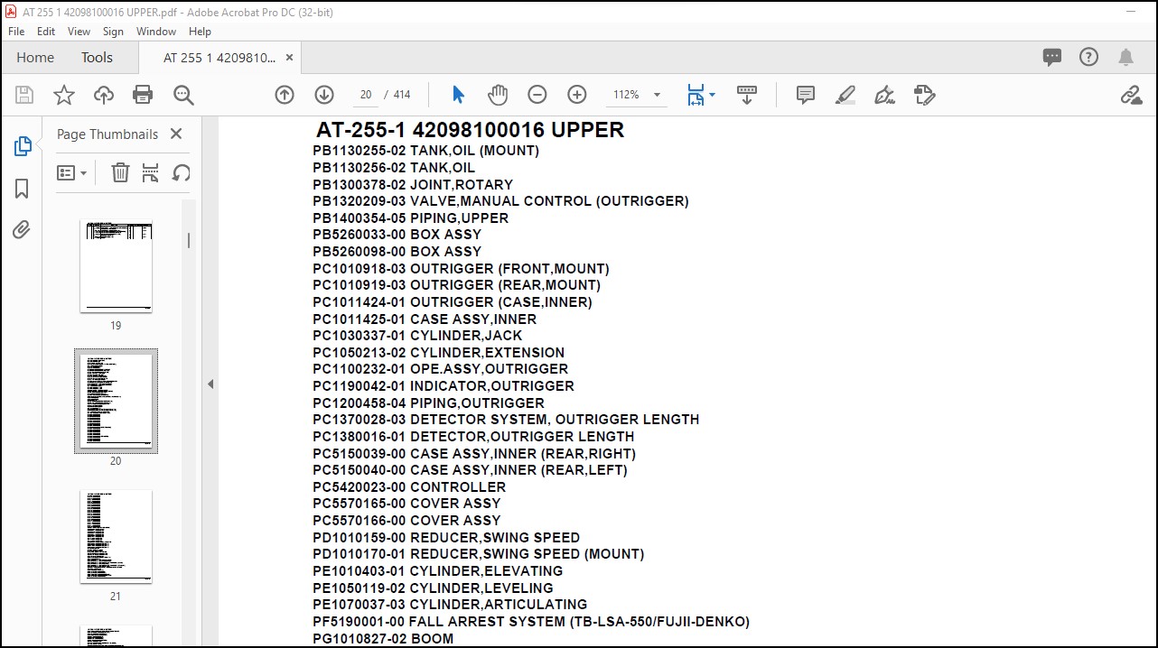 Tadano Crane AT-255-1 42098100016 UPPER Spare Parts Catalog Manual ...