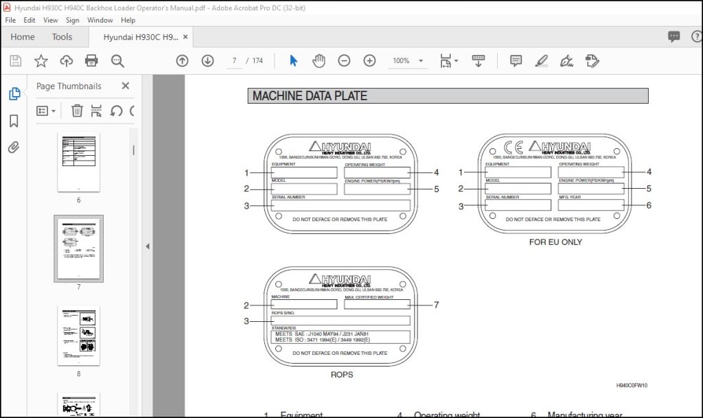 Hyundai H930C H940C Backhoe Loader Operator's Manual - PDF DOWNLOAD