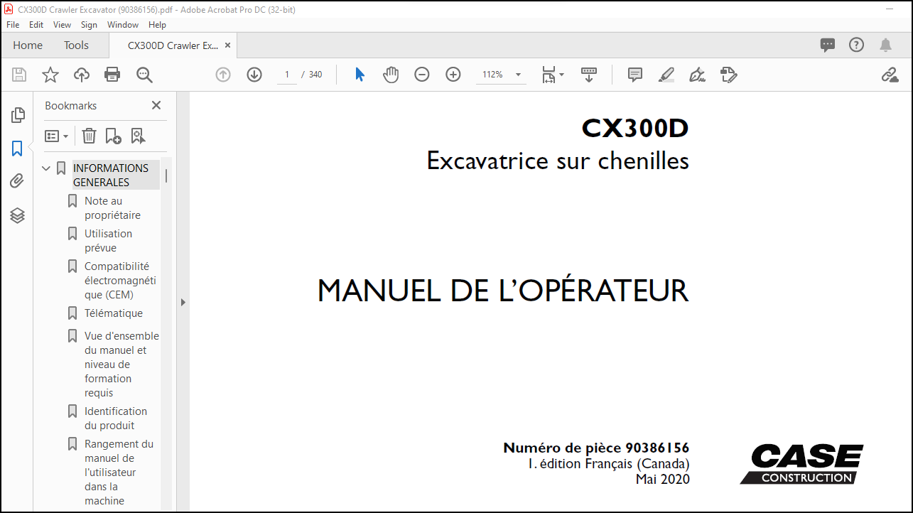 Case CX300D Excavatrice sur chenilles MANUEL DE L’OPÉRATEUR(90386156 ...