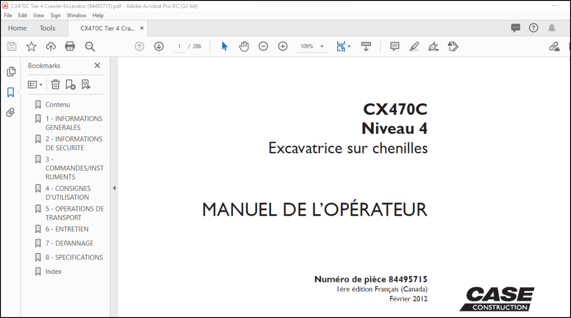 Case Excavatrice sur chenilles CX470C Niveau 4 Manuel De L’Operateur ...