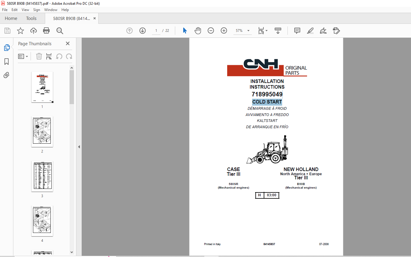 CNH COLD START 580SR B90B INSTALLATION INSTRUCTIONS Manual 84145837 ...