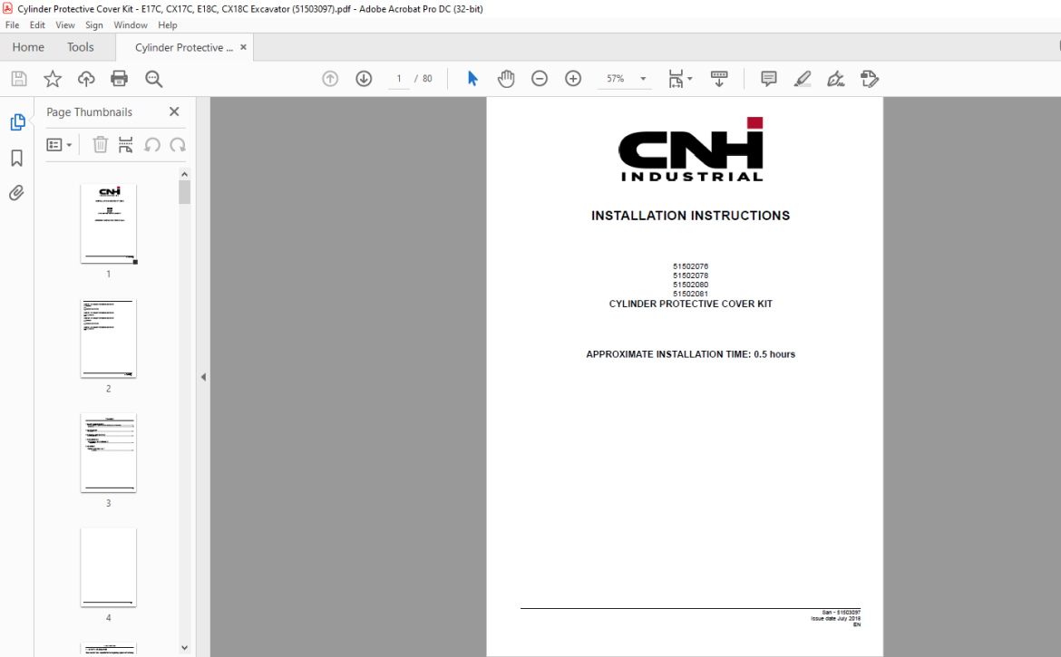CNH CYLINDER PROTECTIVE COVER KIT - E17C, CX17C, E18C, CX18C Excavator ...
