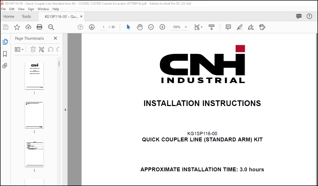 CNH Crawler excavator CX350D CX370D QUICK COUPLER LINE (STANDARD ARM ...