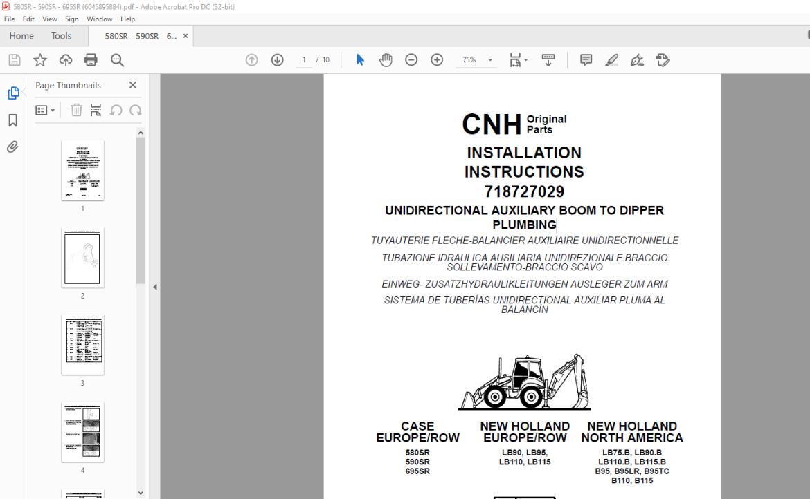 CNH UNIDIRECTIONAL AUXILIARY BOOM TO DIPPER PLUMBING 580SR - 590SR ...