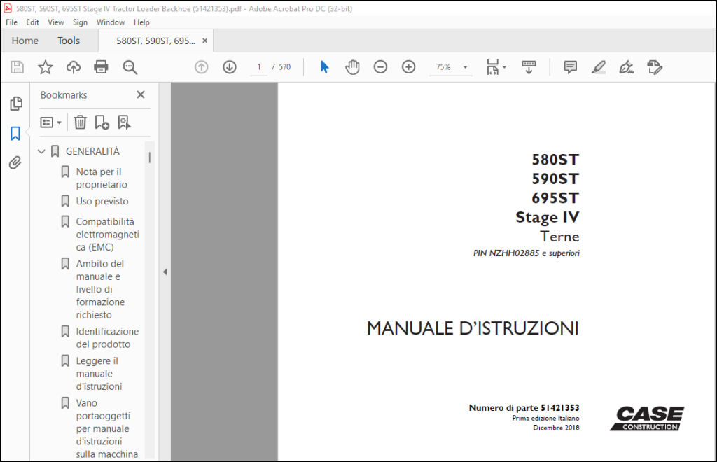 Case 580ST 590ST 695ST Stage IV Terne MANUALE D’ISTRUZIONI(51421353 ...