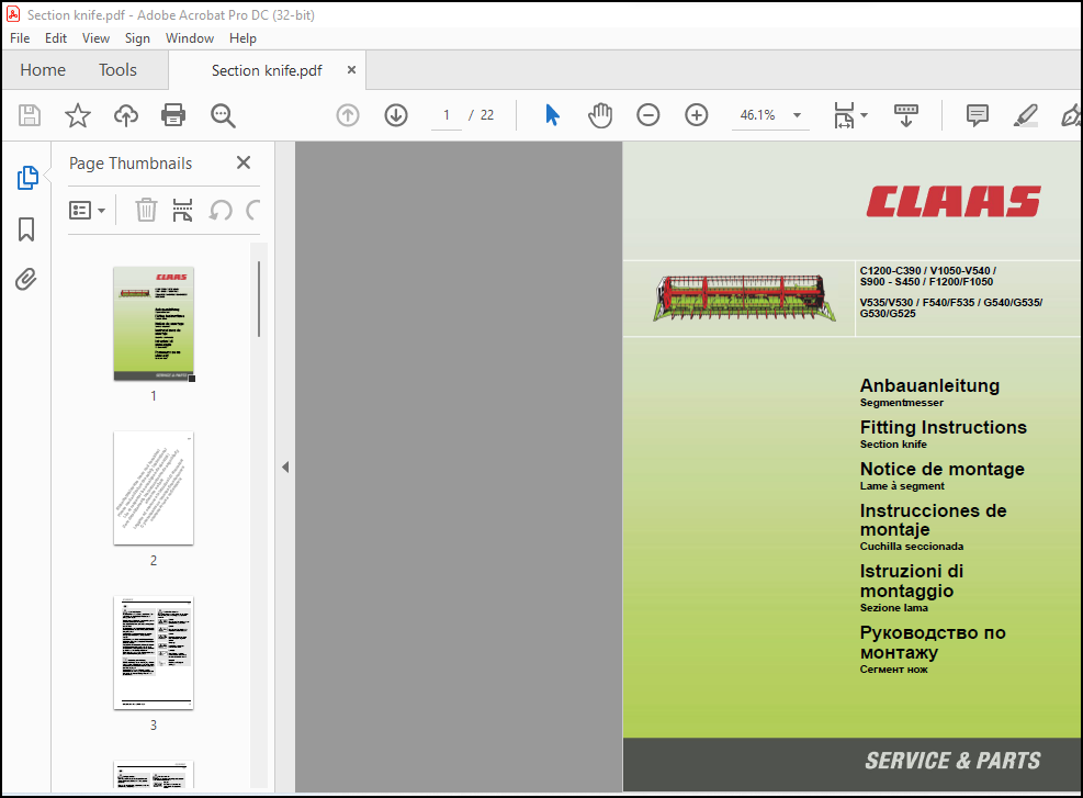 Claas Combines C1200-C390 V1050-V540 S900 - S450 F1200F1050 V535V530 ...