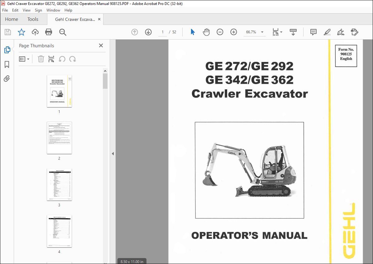 Gehl Crawler Excavator GE272, GE292, GE362 Operators Manual 908125 ...