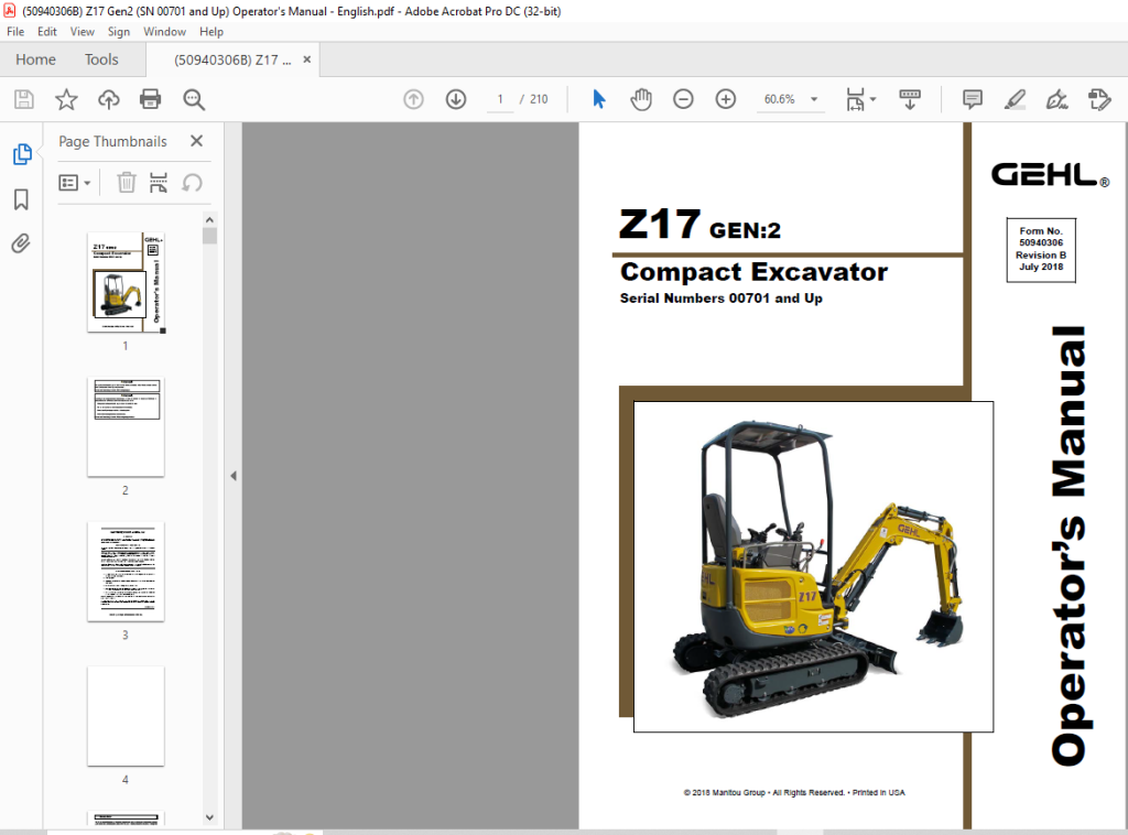 Gehl Z17 GEN:2 Compact Excavator Operator's Manual 50940306 - PDF ...