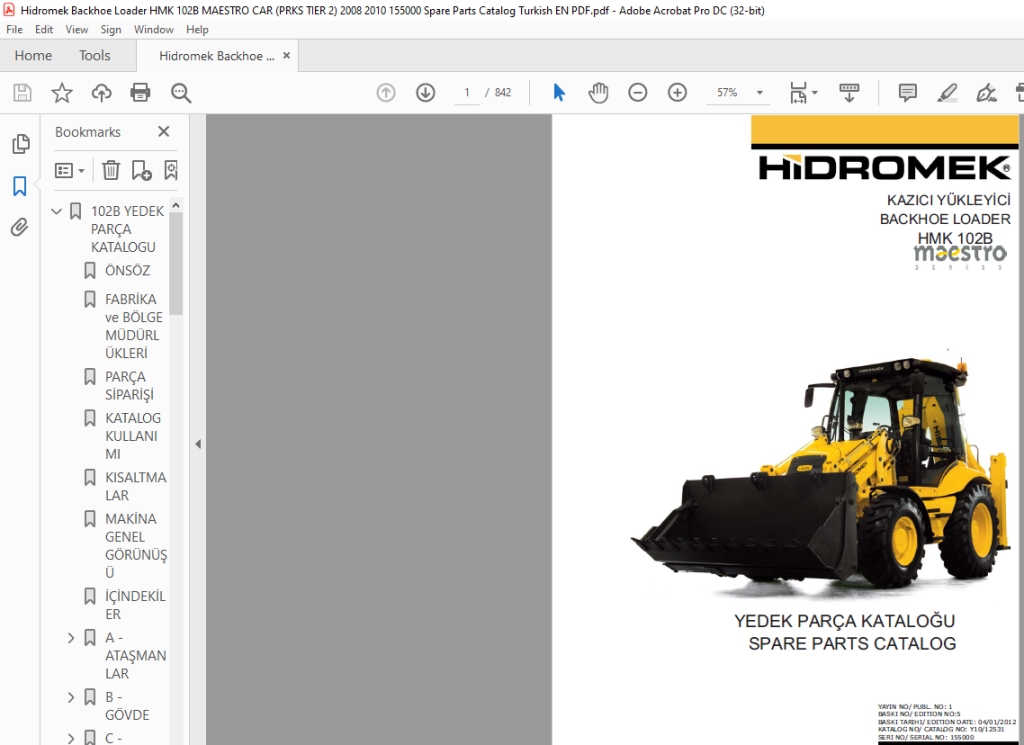 Hidromek HMK 102B Maestro Backhoe Loader Parts Catalog Manual SN 155000 ...