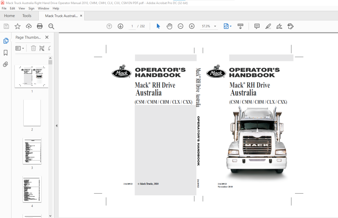 Mack Truck RH Drive CSM CMM CHM CLX CXX Operator's Handbook Manual ...
