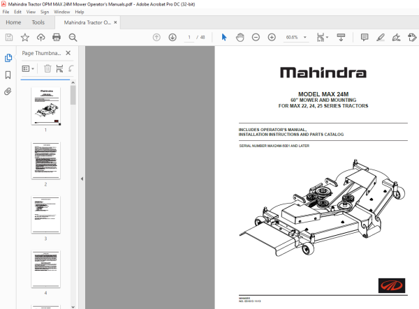 Mahindra Tractor 60” MOWER AND MOUNTING FOR MAX 28XL AND MAX 26 SERIES ...
