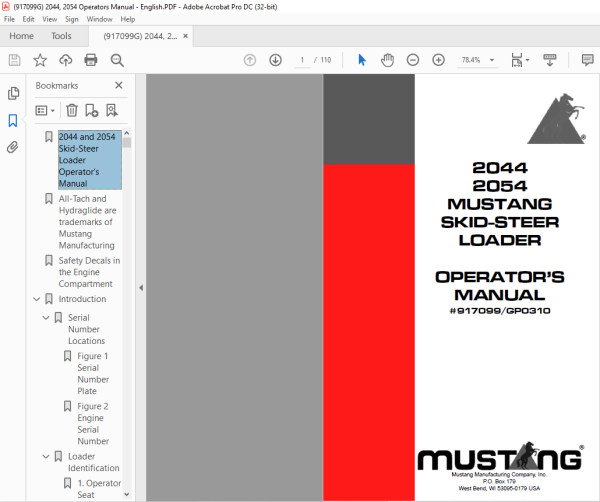 Mustang 2044 2054 Skid-Steer Loader Operator’s Manual 17099-GP0310 ...