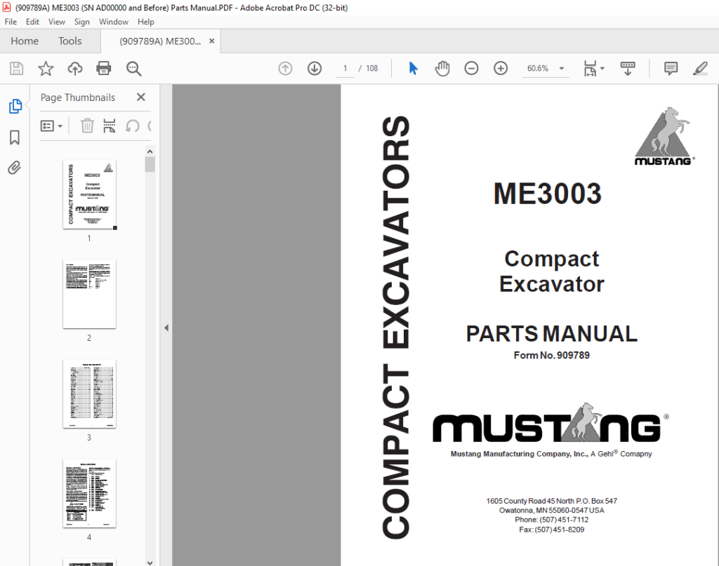 Mustang ME3003 Compact Excavator Parts Manual 909789 – PDF DOWNLOAD ...