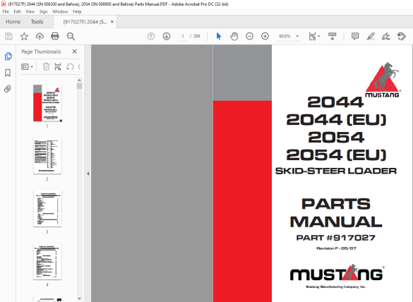 Mustang Skid Steer Loader 2044 2044 (EU) 2054 2054 (EU) Parts Manual ...