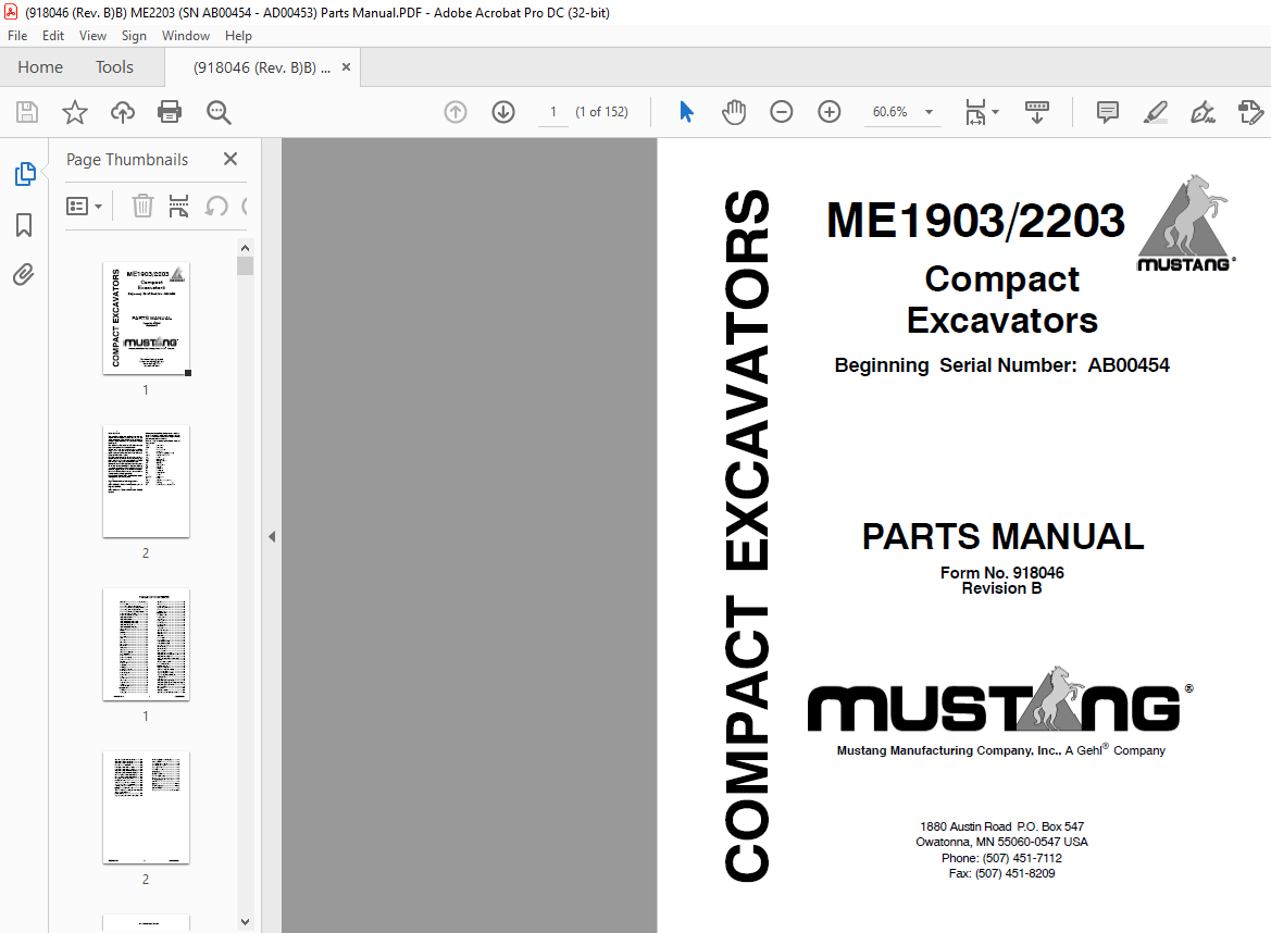 Mustang compact Excavator ME1903 ME2203 Parts Manual(918046) - PDF ...