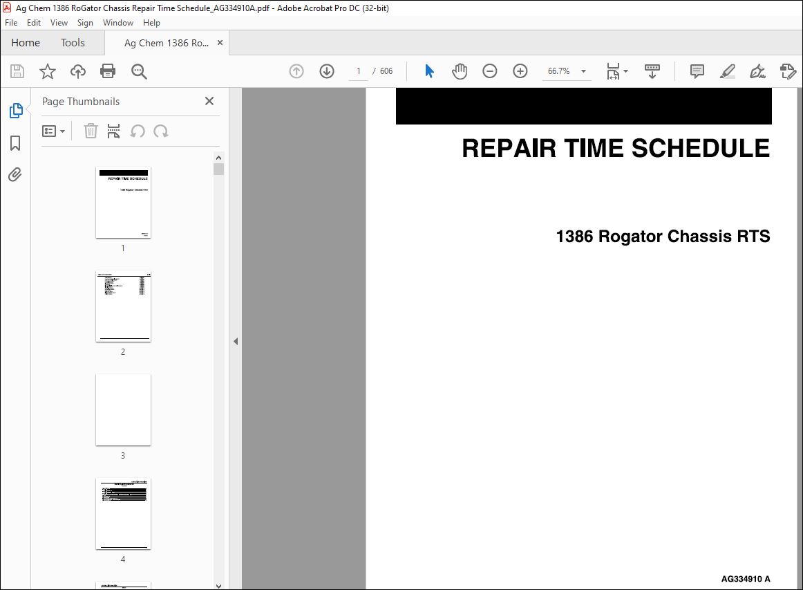 Ag Chem 1386 RoGator Chassis Repair Time Schedule Manual AG334910A ...