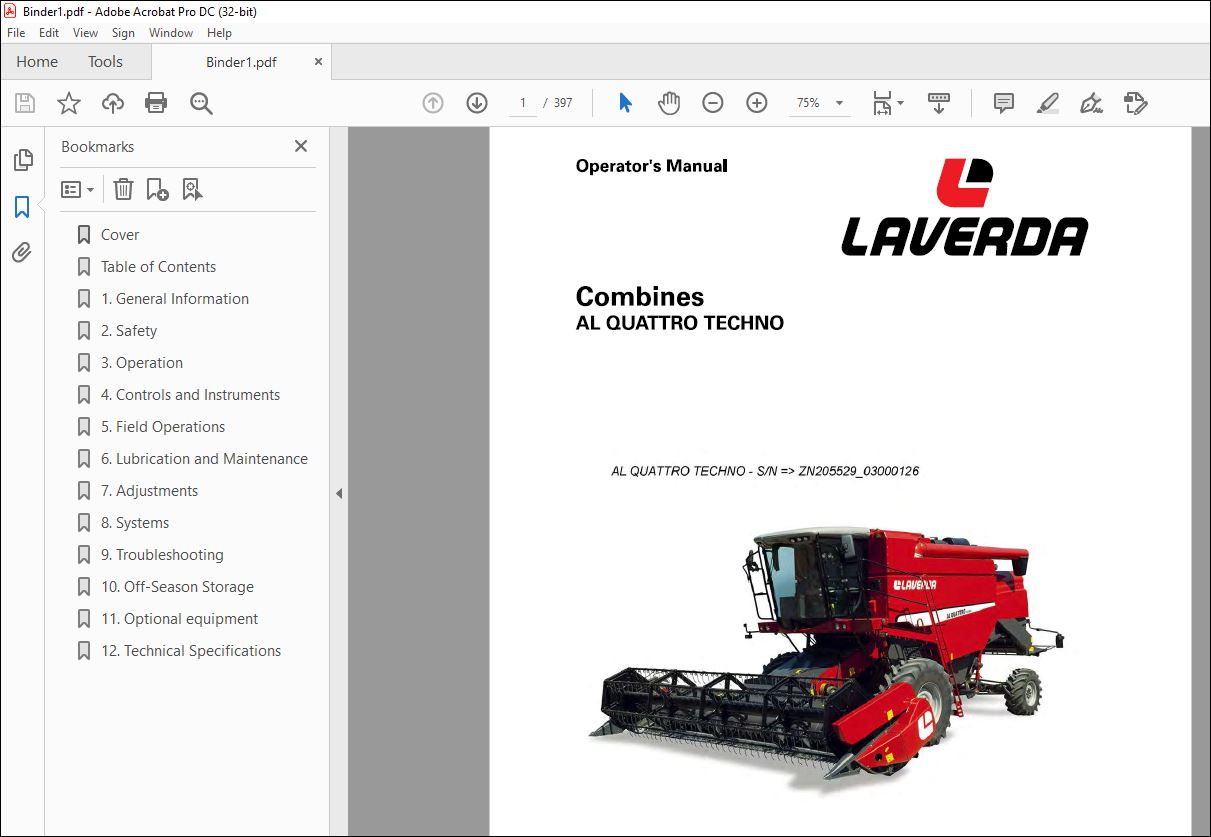 Laverda EU Harvesting AL QUATTRO TECHNO Combines Operator’s Manual SN ...