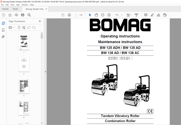 Bomag BW 125 ADH BW 135 AD BW 138 AD BW 138 AC Tandem Vibratory Roller ...