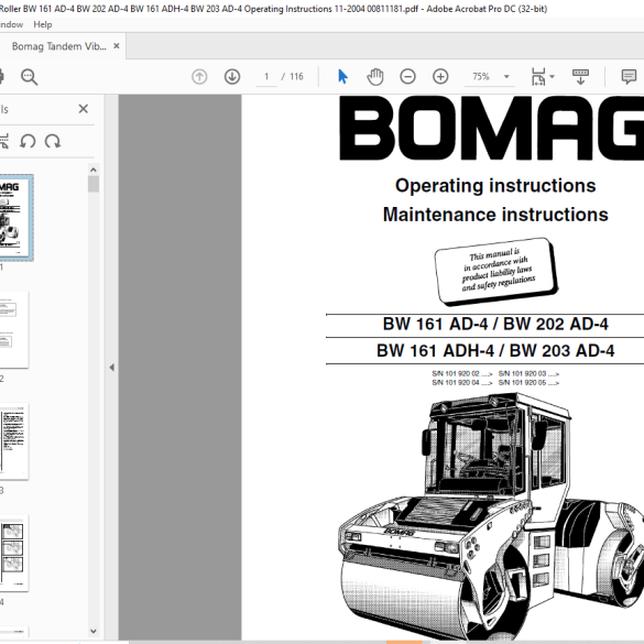 Bomag BW 161 AD-4 BW 202 AD-4 BW 161 ADH-4 BW 203 AD-4 Tandem Vibratory ...