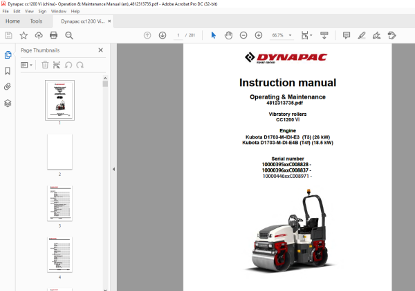 Dynapac Vibratory rollers CC1200 VI Operating & Maintenance Instruction ...