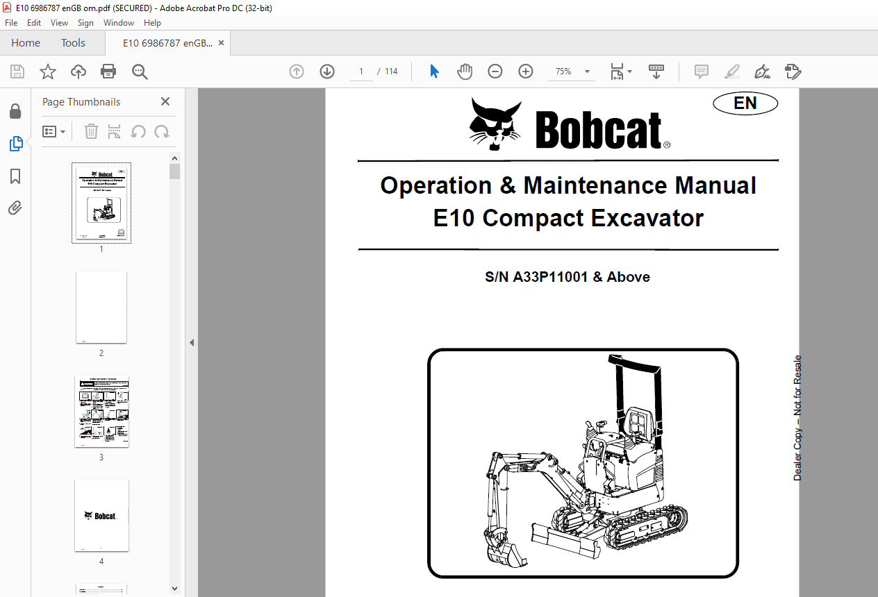 Bobcat E10 Compact Excavator Operation & Maintenance Manual 6986787 (04 ...