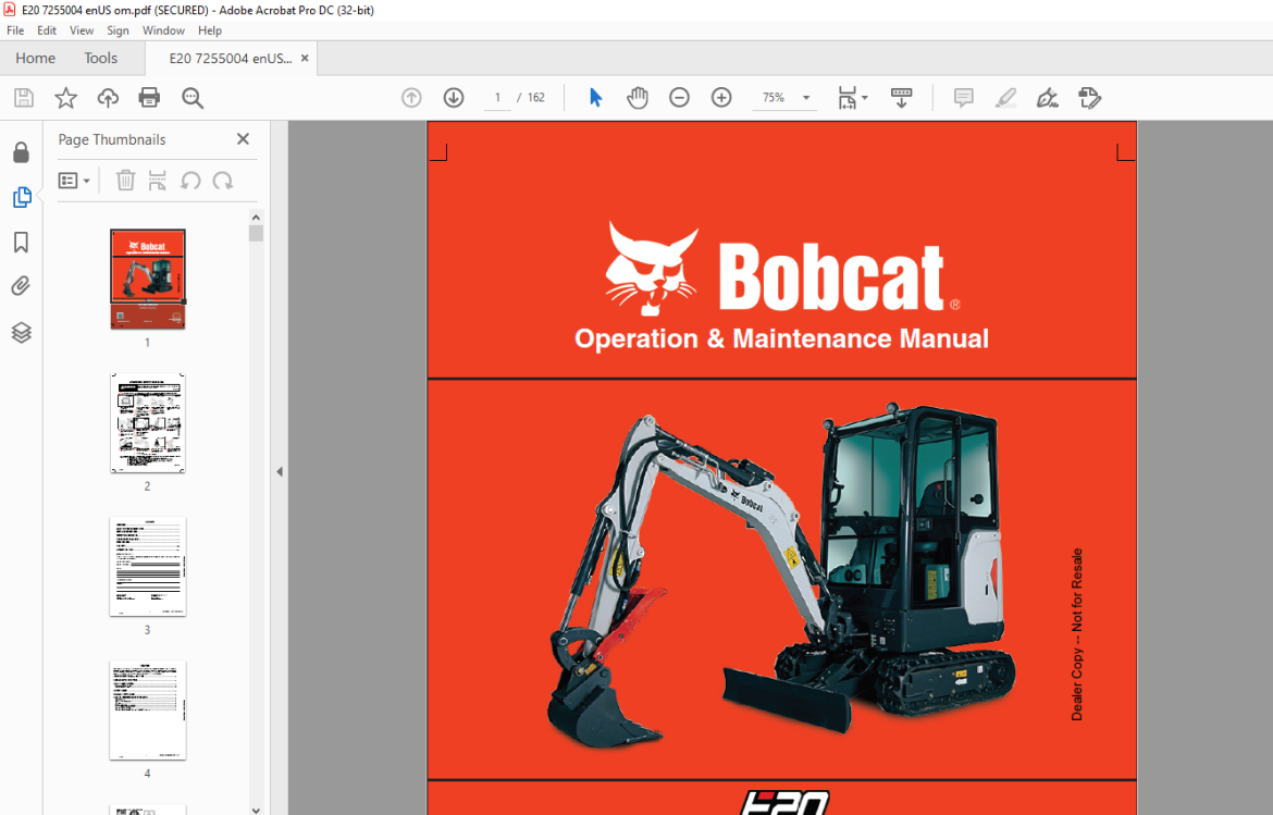 Bobcat E20 Compact Excavator Operation & Maintenance Manual SN ...