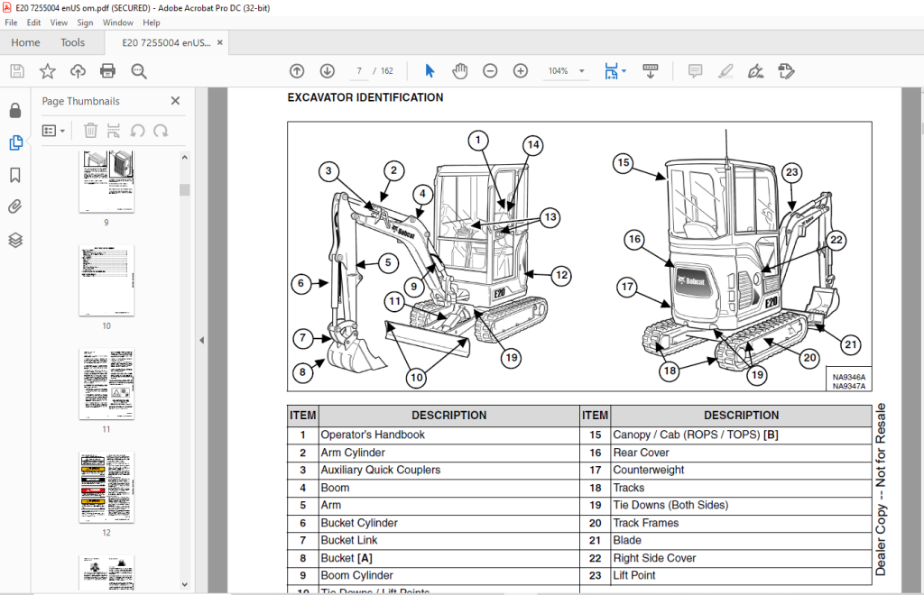 Bobcat E20 Compact Excavator Operation & Maintenance Manual SN ...