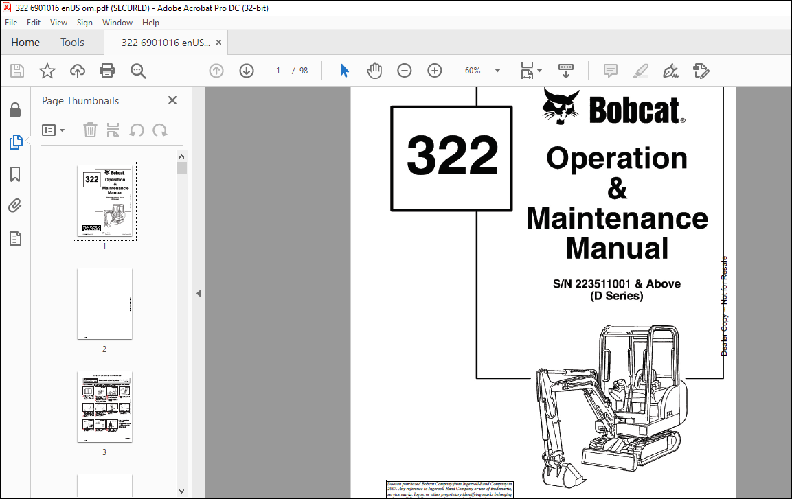 Bobcat Excavator 322 Operation & Maintenance Manual 6901016 – PDF ...