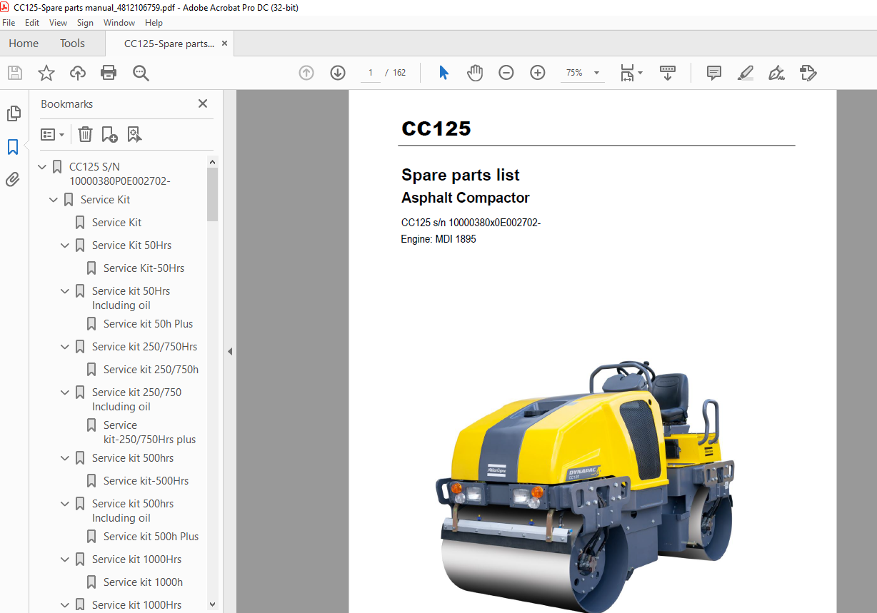 Dynapac Asphalt Compactor CC125 Engine MDI 1895 Spare parts list Manual ...