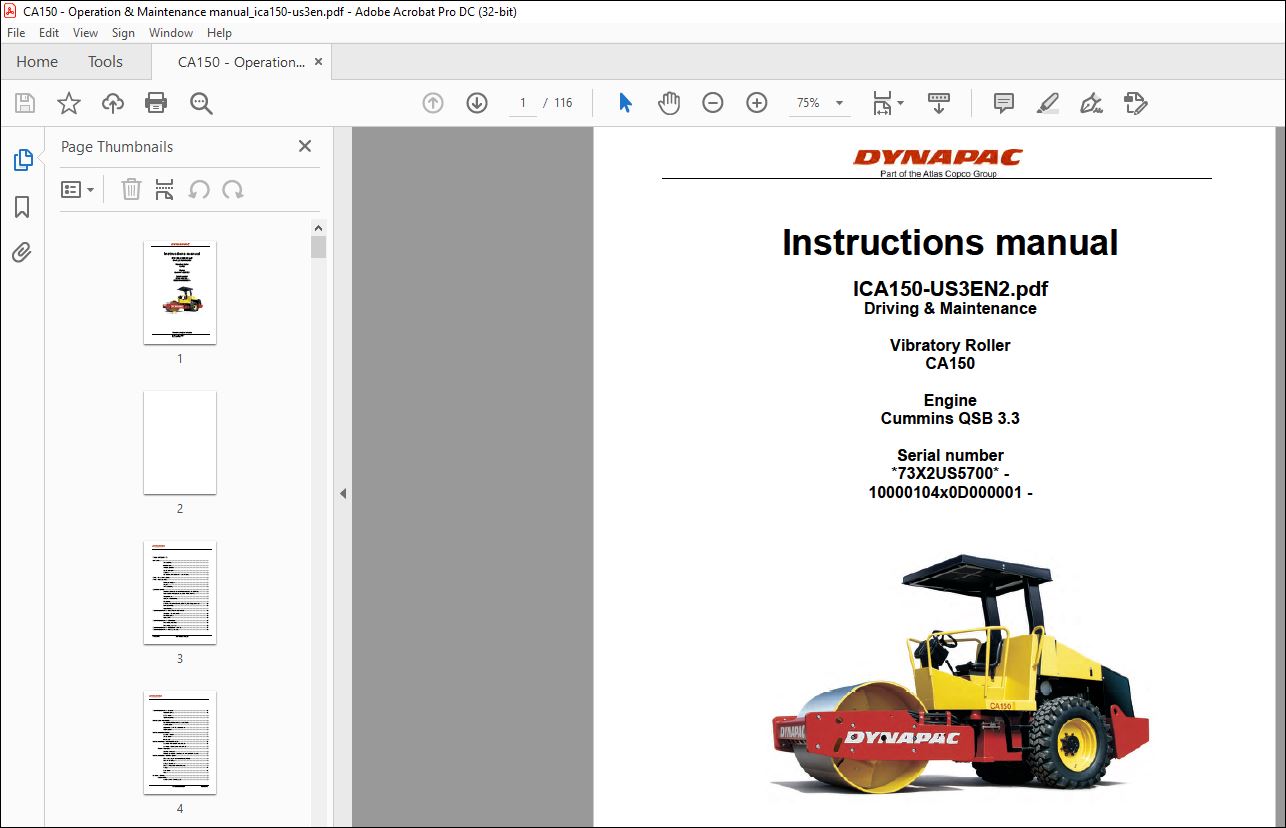 Dynapac Vibratory Roller CA150 Driving & Maintenance Instruction Manual ...