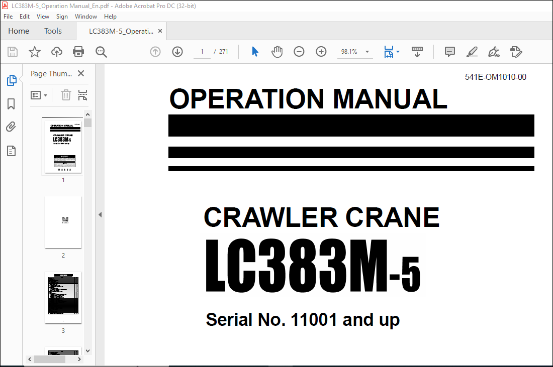 MAEDA LC383M-5 Crawler Crane Operation Manual SN 11001 and up - PDF ...