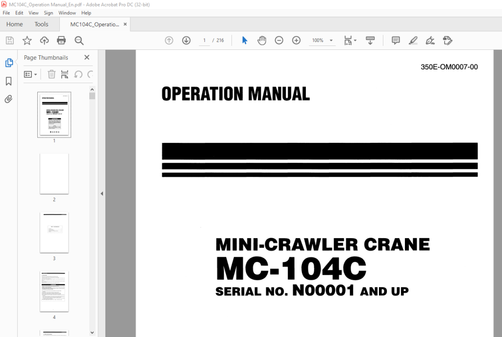 Maeda MC-104C Mini Crawler Crane Operation Manual SN N00001 and up ...