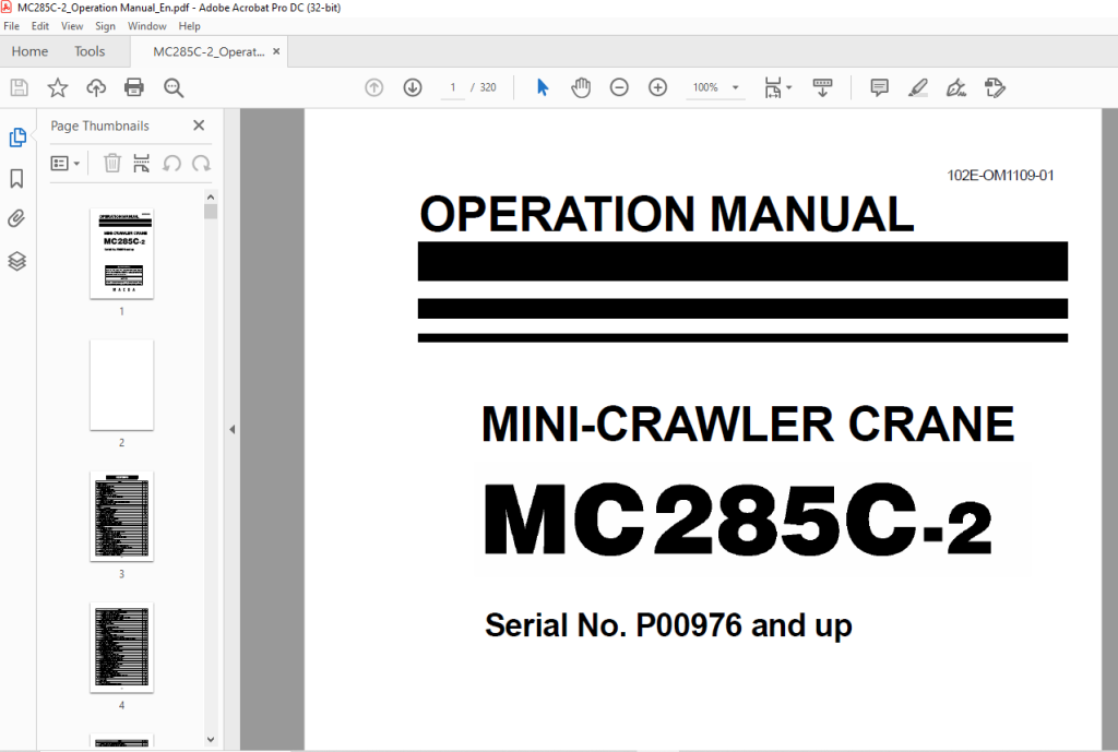 Maeda MC 285C-2 Mini Crawler Crane Operation Manual SN P00976 and up ...
