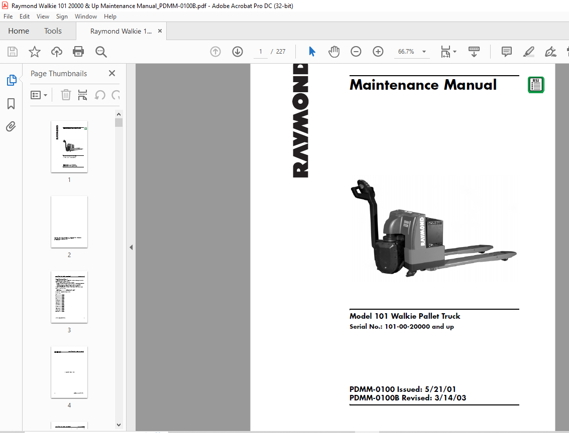 Raymond 101 Walkie Pallet Truck Maintenance Manual SN 101-00-20000 and ...