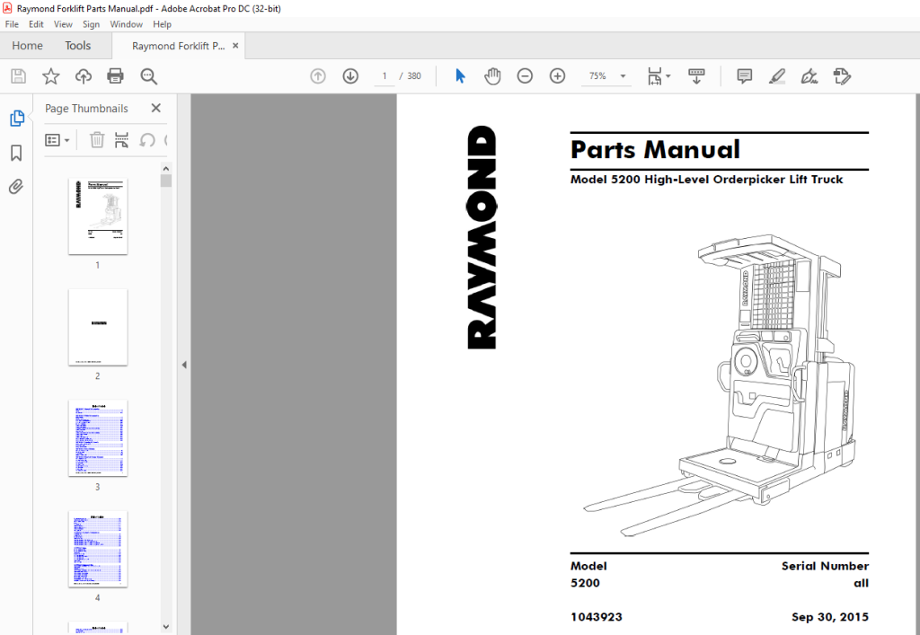 Raymond 5200 High-Level Orderpicker Lift Truck Parts Manual 1043923 ...