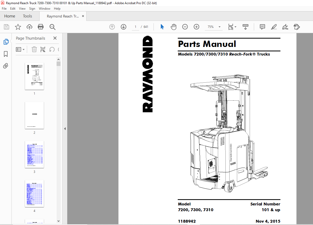 Raymond 7200 7300 7310 Reach-Fork® Trucks Parts Manual SN 101 & up ...