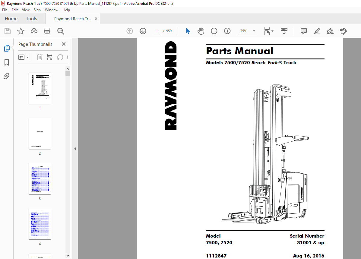 Raymond 7500 7520 Reach Fork® Truck Parts Manual Sn 31001 And Up Pdf