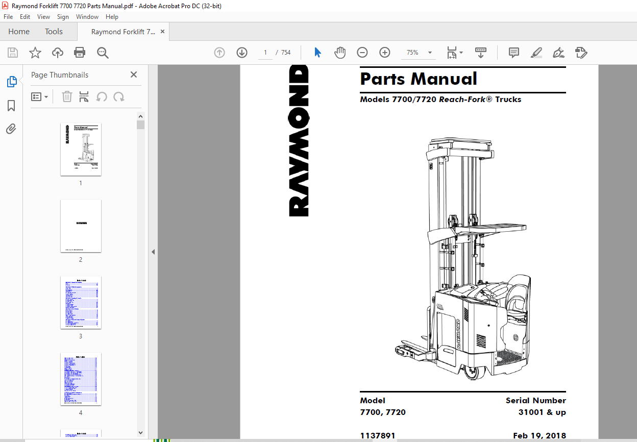 Raymond 7700 7720 Reach-Fork ® Trucks Parts Manual - PDF DOWNLOAD