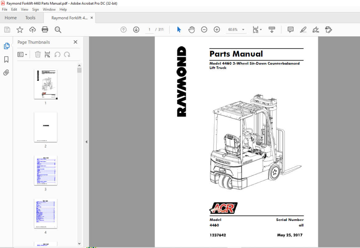 Raymond Forklift 4460 3-Wheel Sit-Down Counterbalanced Lift Truck Parts ...