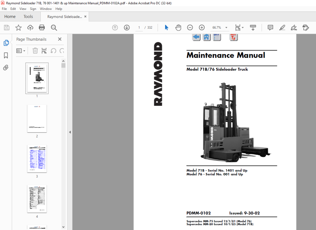 Raymond Forklift 71B 76 Sideloader Truck Maintenance Manual PDMM-0102 ...