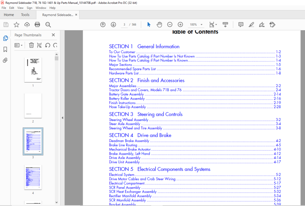 Raymond Forklift 71B and 76 SIDELOADER Parts Catalog Manual 1014470B ...
