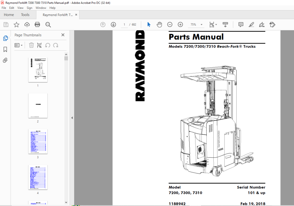 Raymond Forklift 7200 7300 7310 Reach-Fork® Trucks Parts Manual 101 ...