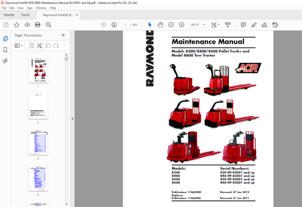 Raymond Forklift 8300 8400 & 8500 Pallet Trucks & 8600 Tow Tractor ...