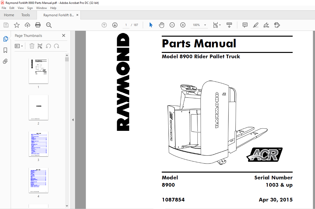 Raymond Forklift 8900 Rider Pallet Truck Parts Manual SN 1003 & up ...
