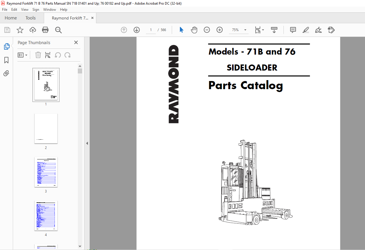 Raymond Forklift SIDELOADER 71B and 76 Parts Catalog Manual 1014470B ...