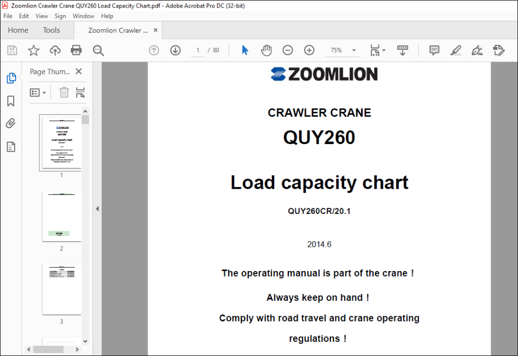 Zoomlion Crawler Crane QUY260 Load Capacity Chart Operating Manual ...