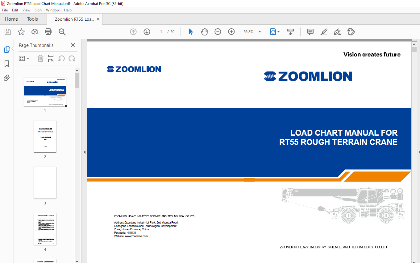 Zoomlion RT55 ROUGH TERRAIN CRANE LOAD CHART MANUAL - PDF DOWNLOAD