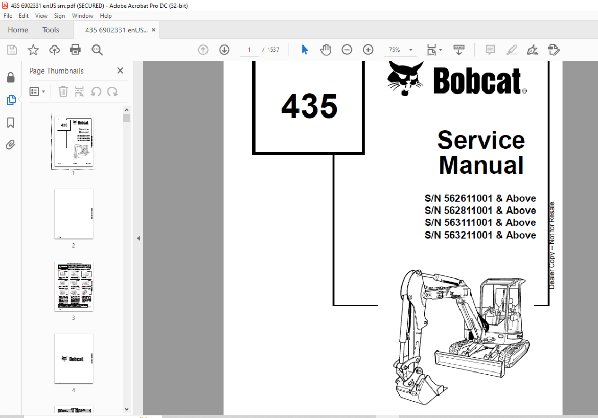 Bobcat 435 Excavator Service Manual 6902331 (4-08) - PDF DOWNLOAD