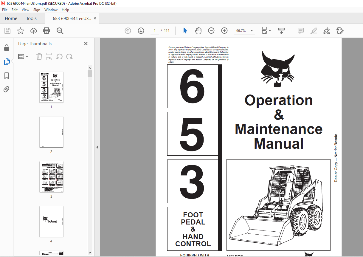 Bobcat 653 Foot Pedal & Hand Control Loader Operation & Maintenance ...