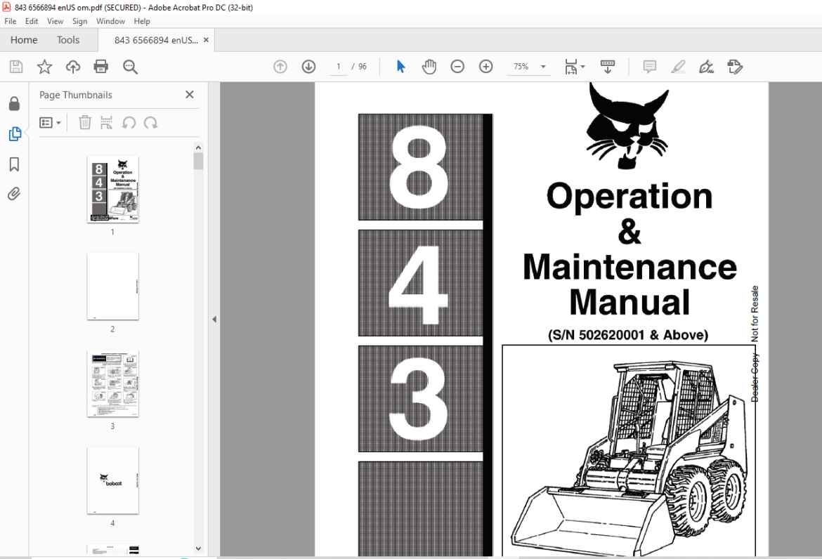 Bobcat 843 Loader Operation & Maintenance Manual SN 502620001 & Above ...